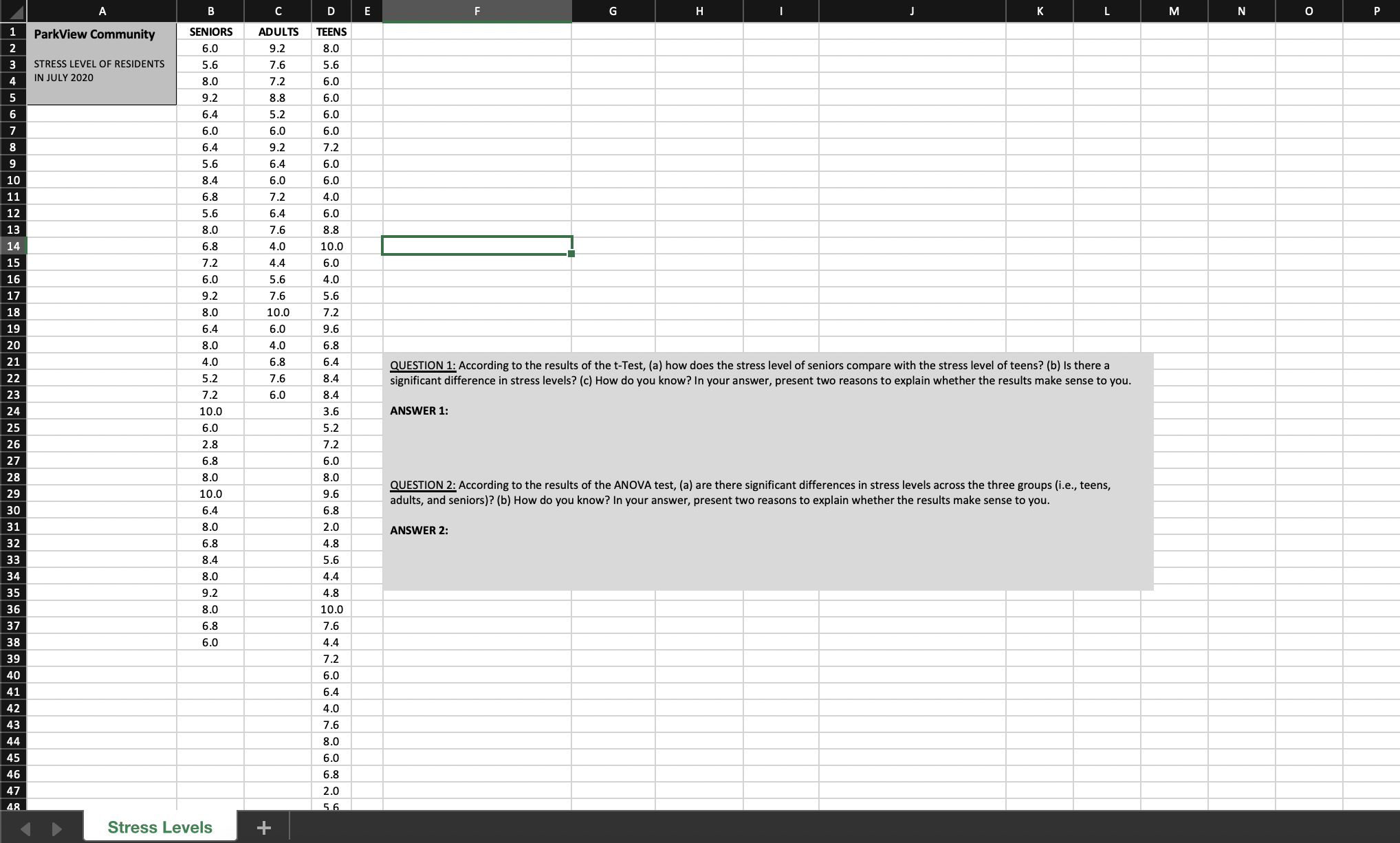 ParkView Community Excel Challenge:NOTE 1: To | Chegg.com