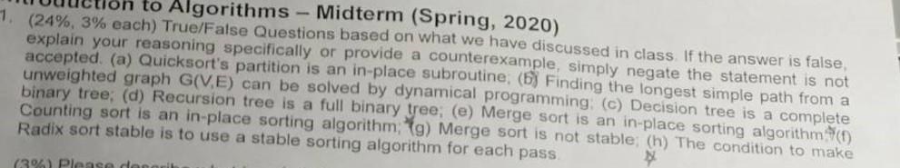 Solved to Algorithms - Midterm (Spring, 2020) 1. (24%, 3% | Chegg.com
