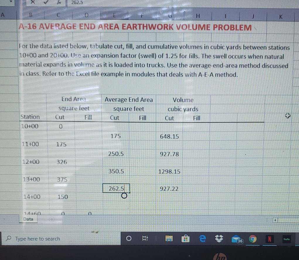 Solved x || 262.5 C D H A-16 AVERAGE END AREA EARTHWORK | Chegg.com