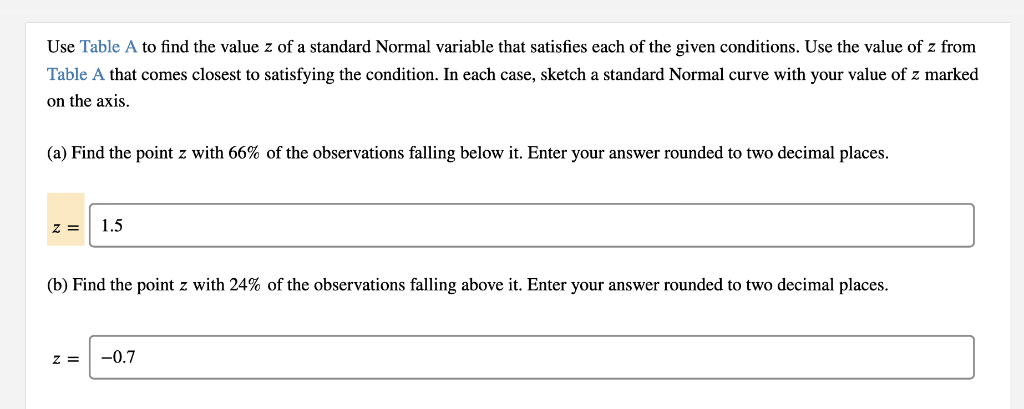 Solved Use Table A To Find The Value Z Of A Standard Normal 