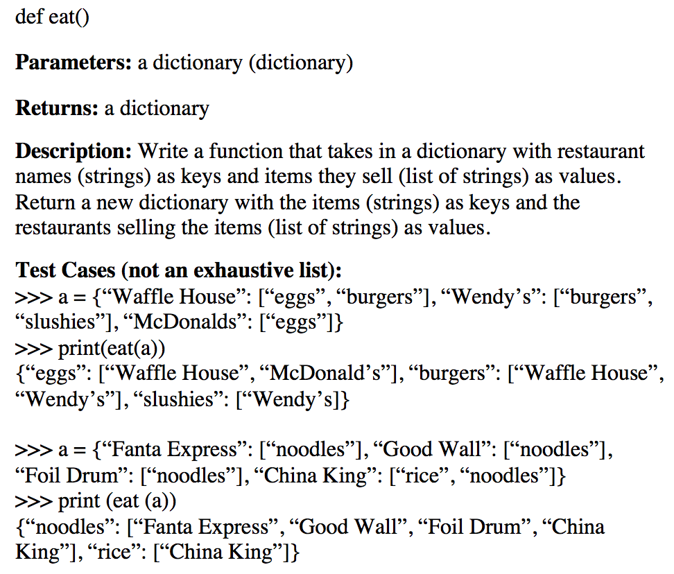 Solved def eat Parameters: a dictionary (dictionary) | Chegg.com