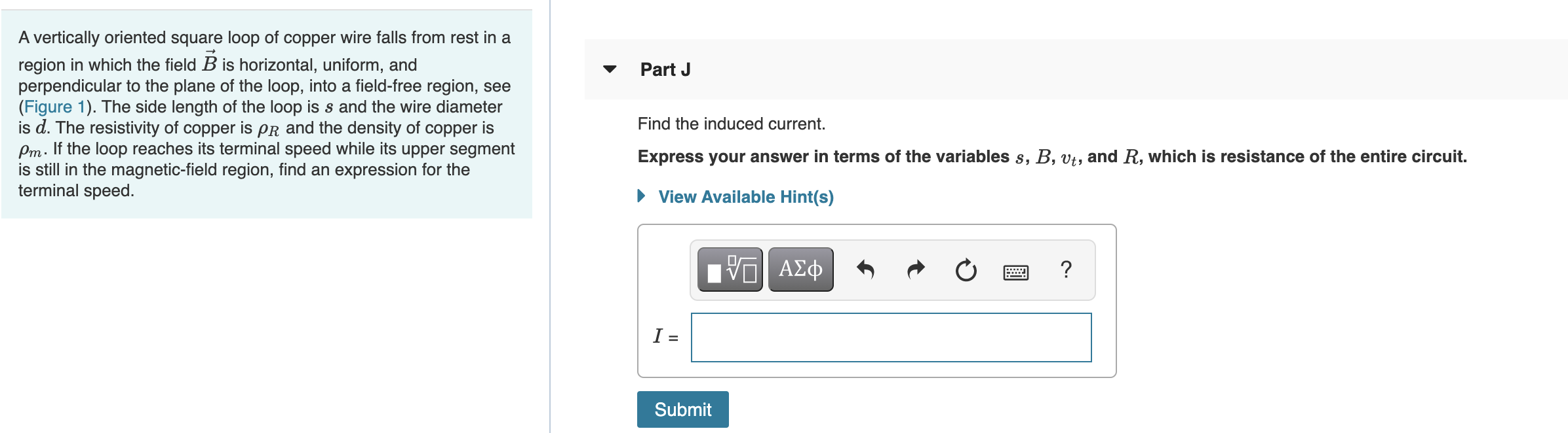 Solved Part J A vertically oriented square loop of copper | Chegg.com