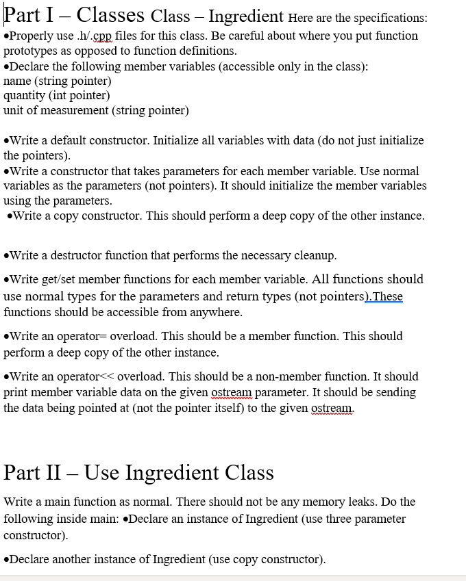 Part I – Classes Class – Ingredient Here are the | Chegg.com