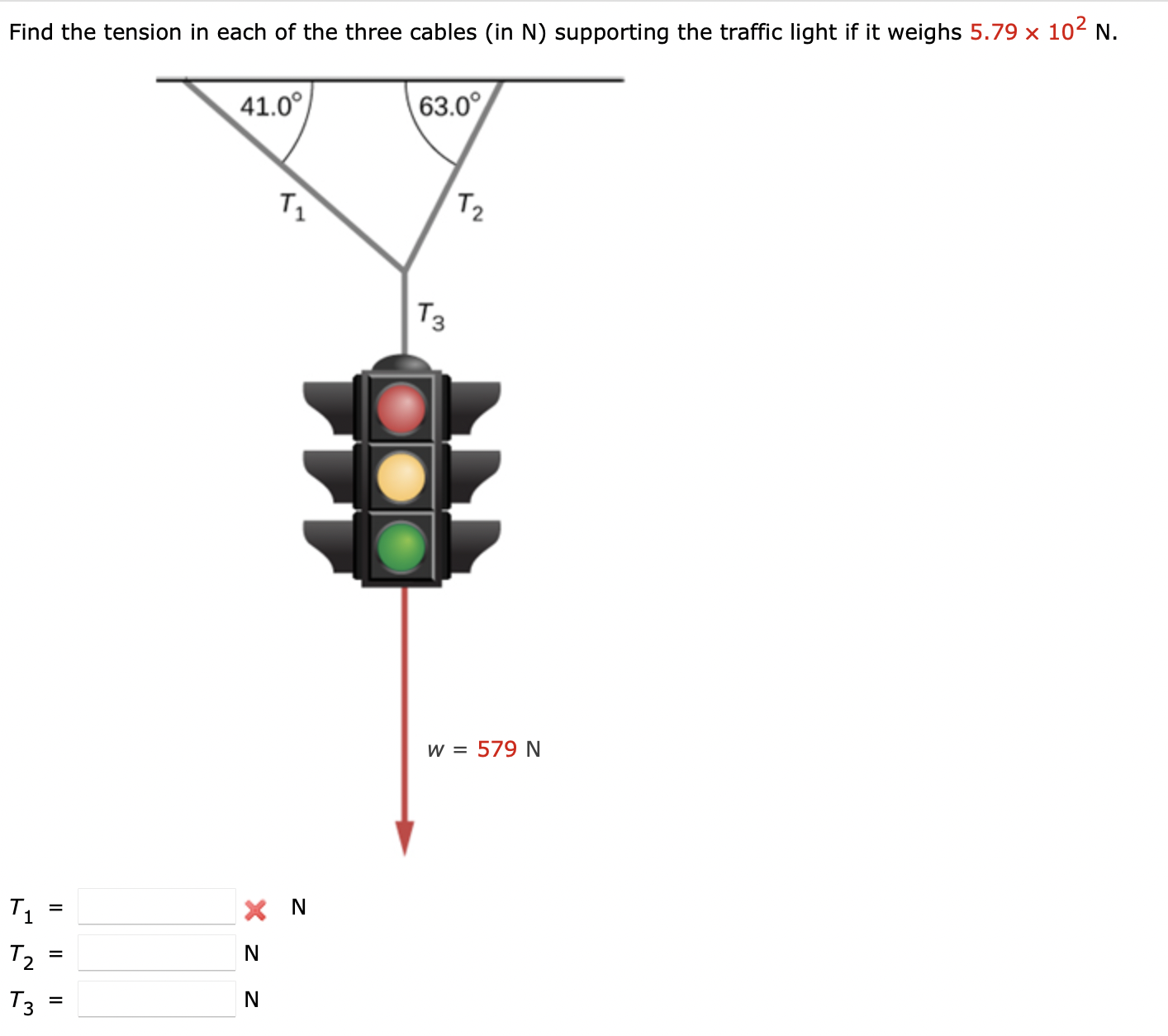 Solved Find the tension in each of the three cables (in N ) | Chegg.com