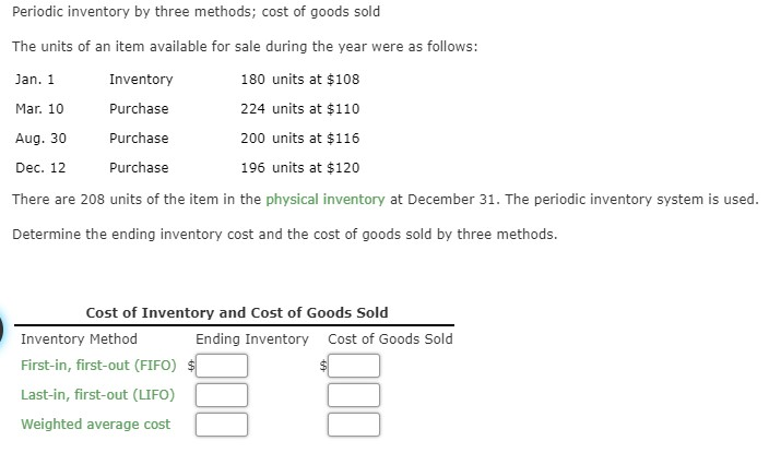 Solved Periodic inventory by three methods; cost of goods | Chegg.com