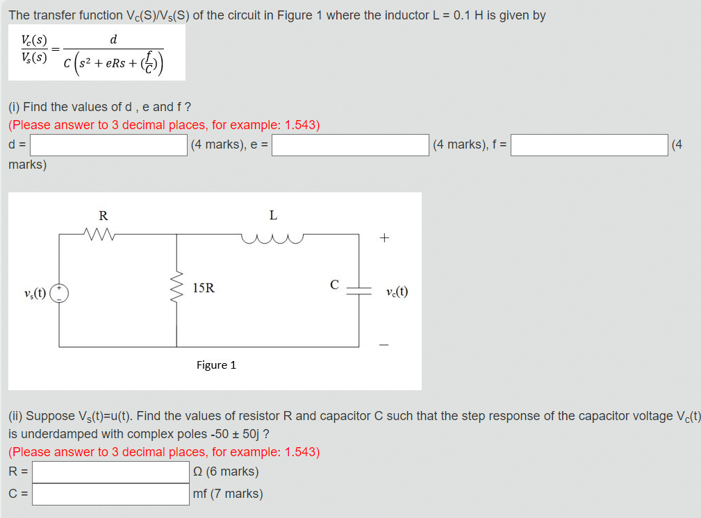 Solved The transfer function Vc(S)Vs(S) of ﻿the circuit in | Chegg.com
