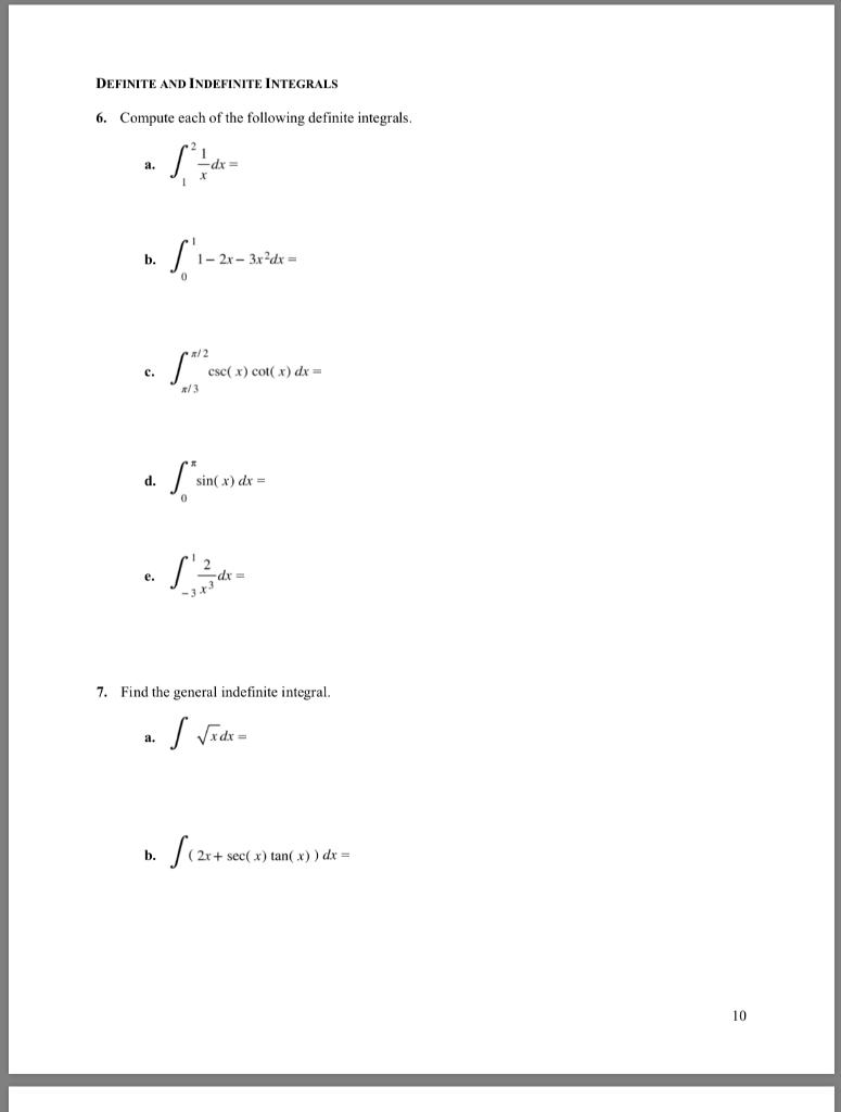 Solved DEFINITE AND INDEFINITE INTEGRALS 6. Compute each of | Chegg.com