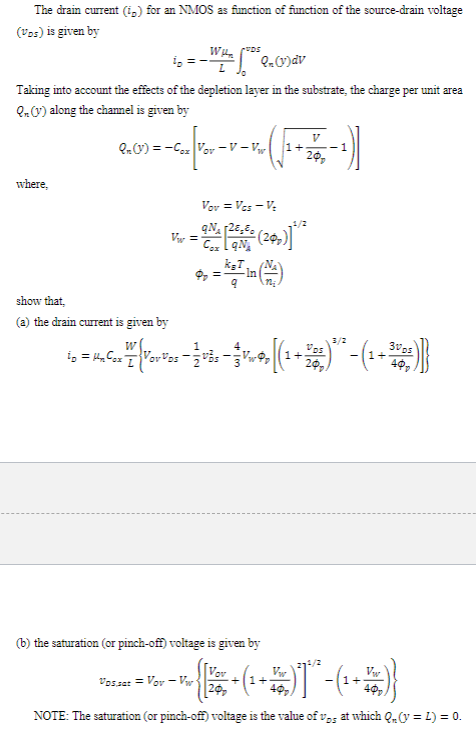 Solved The drain current (iD) for an NMOS as function of | Chegg.com