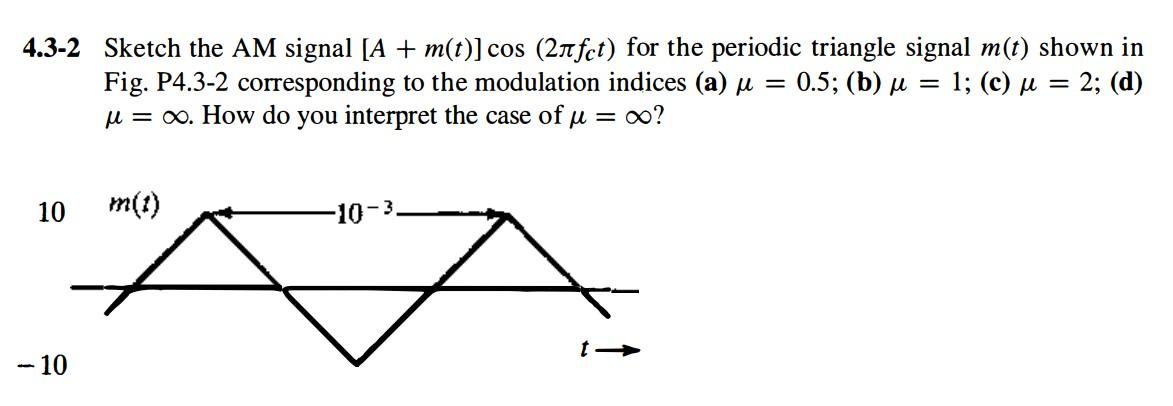 Solved 4.3-2 Sketch the AM signal [A+m(t)]cos(2πfct) for the | Chegg.com