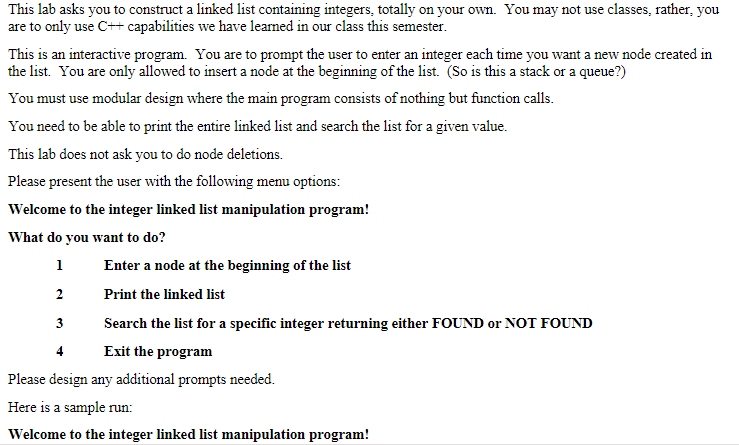 Solved This lab asks you to construct a linked list | Chegg.com
