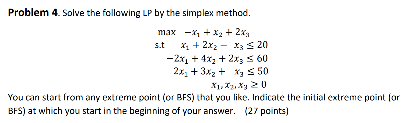 Solved Problem 4. Solve the following LP by the simplex | Chegg.com
