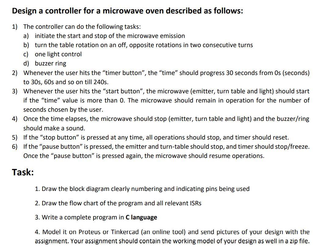 Design a controller for a microwave oven described as | Chegg.com