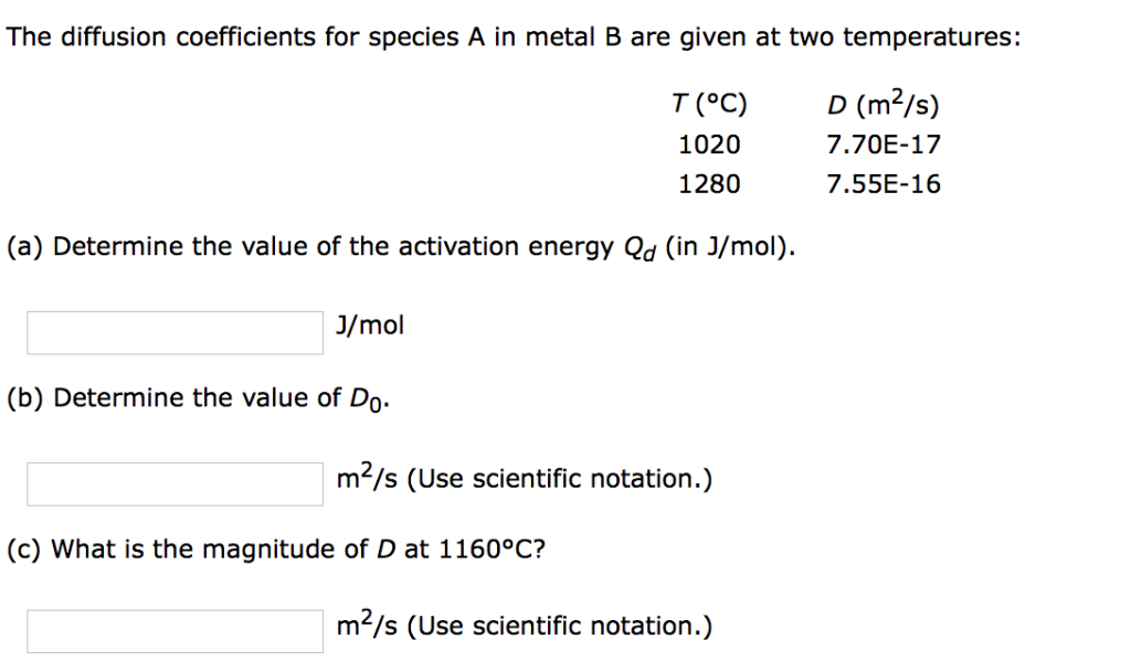 Solved The diffusion coefficients for species A in metal B | Chegg.com