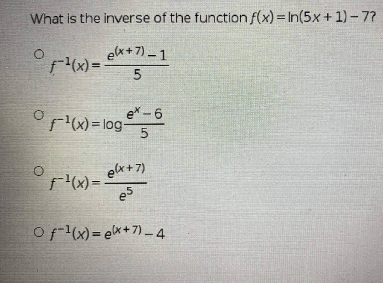 Solved What is the inverse of the function f(x)=In(5x + | Chegg.com