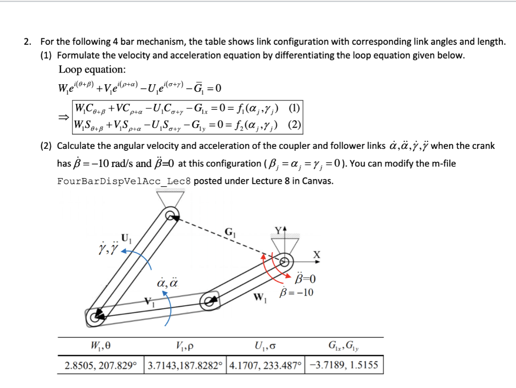 Solved 2. For the following 4 bar mechanism, the table shows | Chegg.com