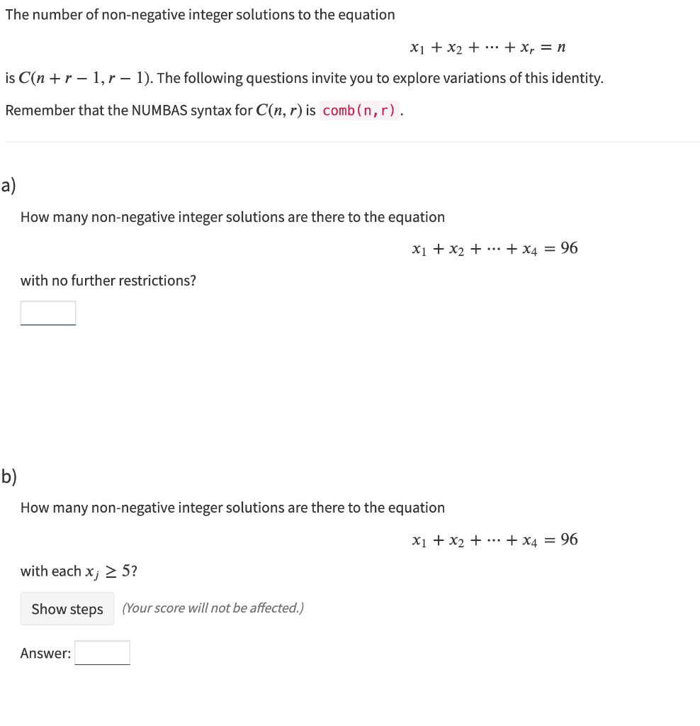 Solved The number of non-negative integer solutions to the | Chegg.com
