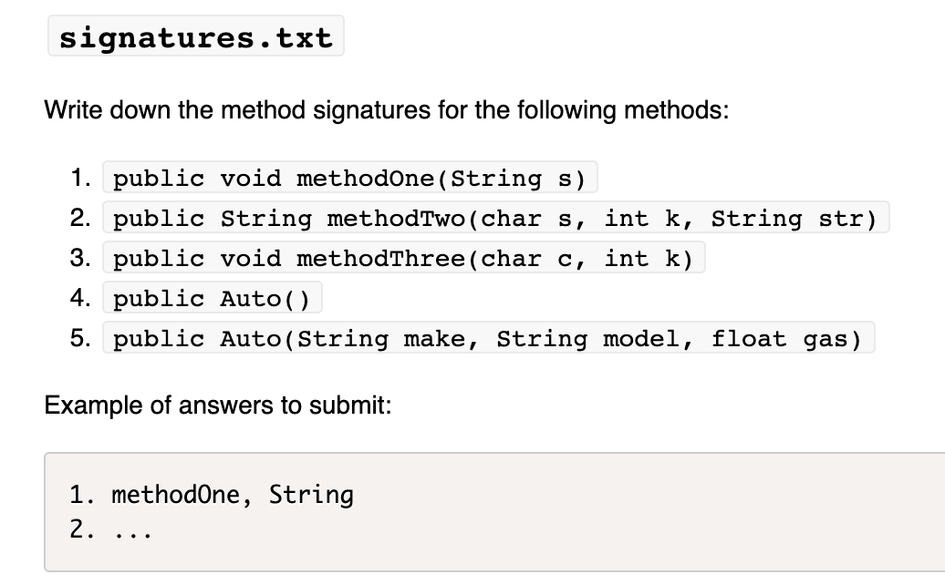 Solved signatures.txt Write down the method signatures for | Chegg.com