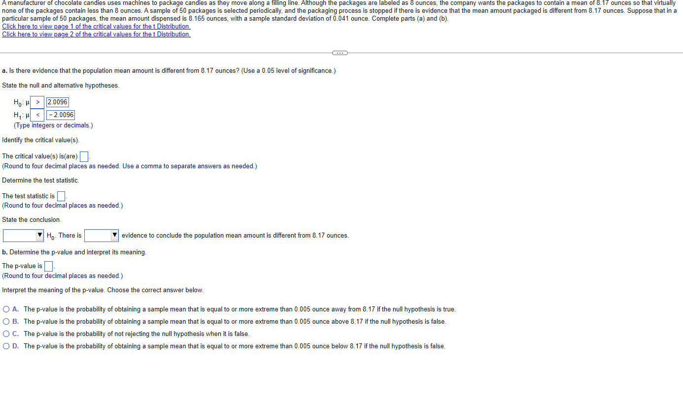 Solved particular sample of 50 packages, the mean amount | Chegg.com