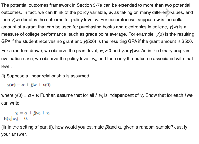 Solved The potential outcomes framework in Section 3-7e can | Chegg.com