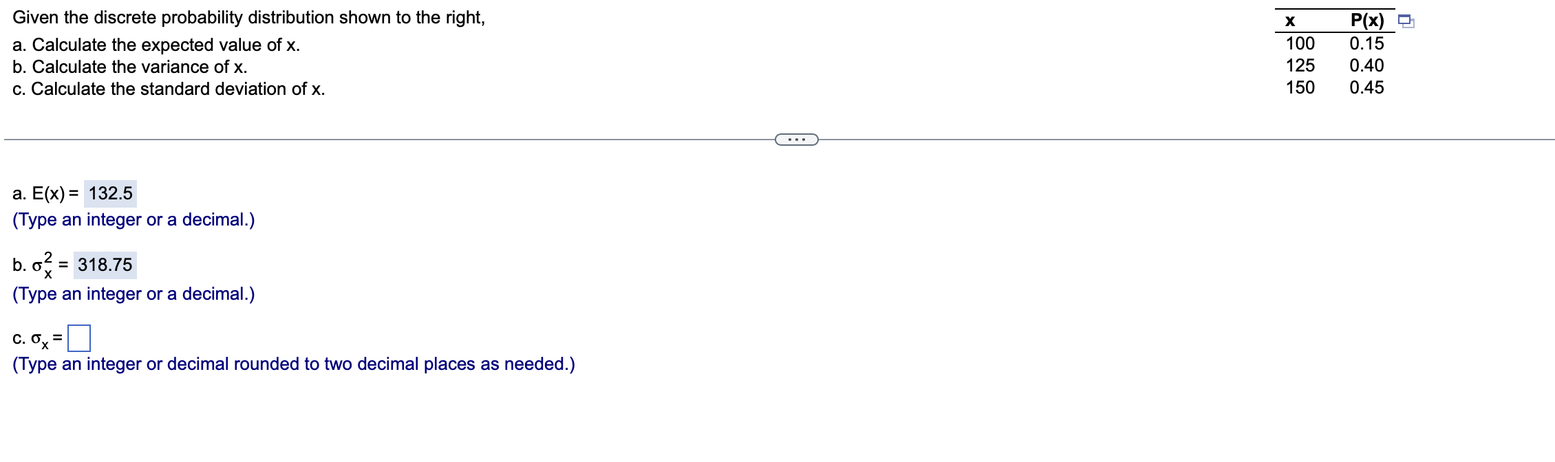 Solved Given the discrete probability distribution shown to | Chegg.com