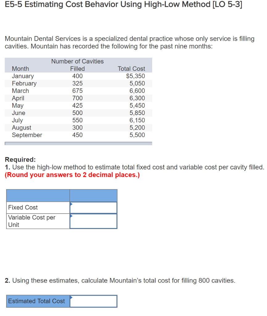 Solved E5-5 Estimating Cost Behavior Using High-Low Method | Chegg.com