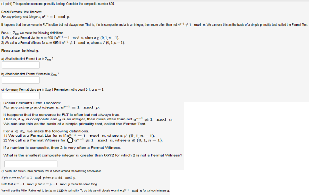 Solved (1 point) This question concerns primality testing. | Chegg.com