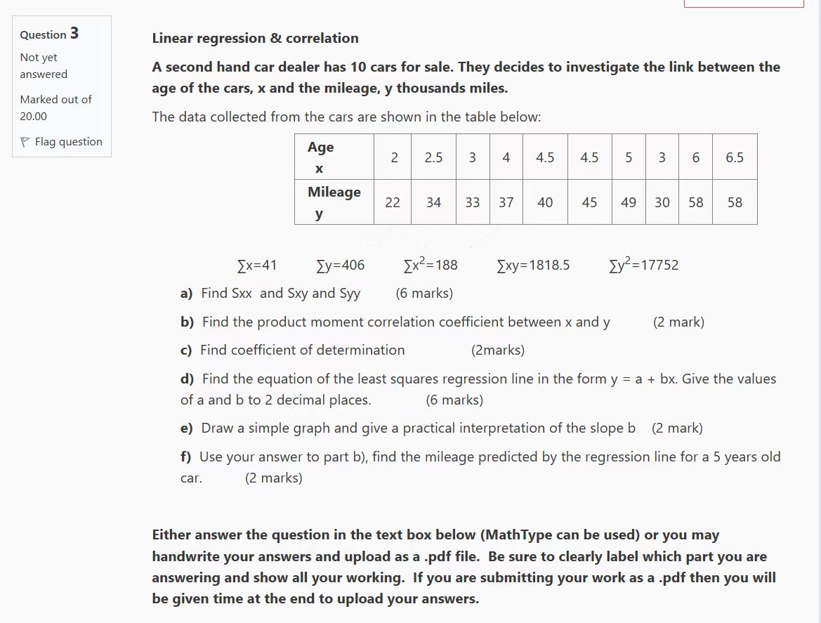 Solved Linear regression & correlation A second hand car | Chegg.com