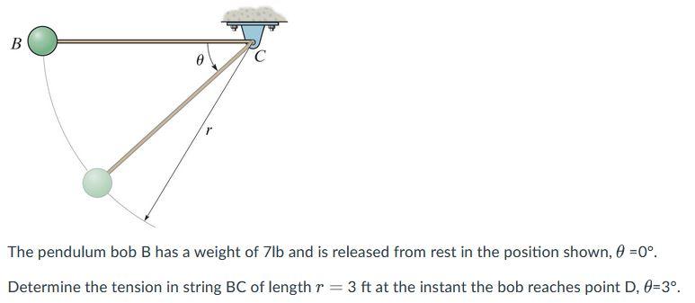 Solved B C The pendulum bob B has a weight of 7lb and is | Chegg.com