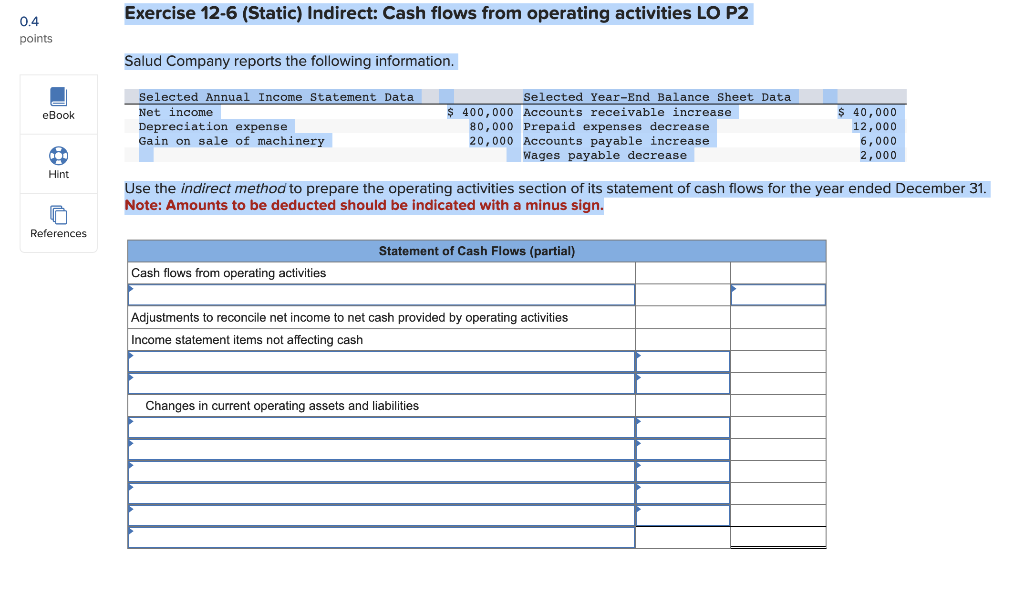 Solved Exercise 12-6 (Static) Indirect: Cash flows from | Chegg.com