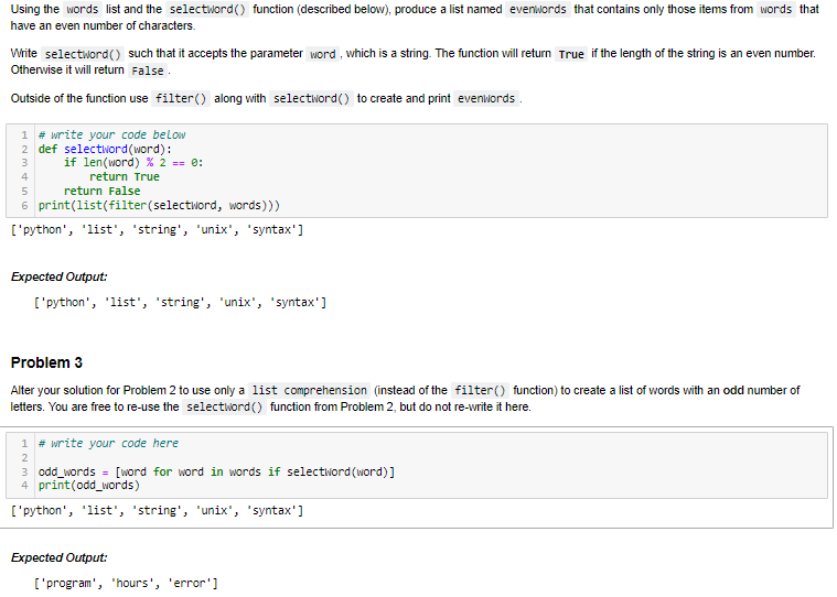 Solved Using the words list and the selectword() function | Chegg.com