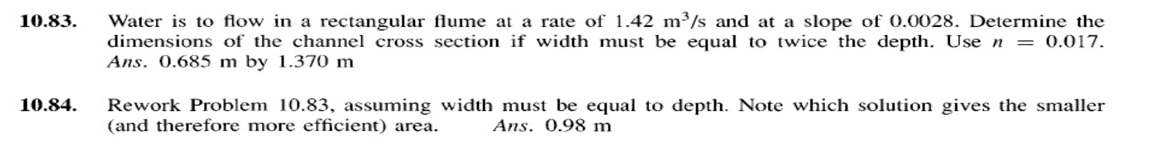 Solved 10.83. Water is to flow in a rectangular flume at a | Chegg.com