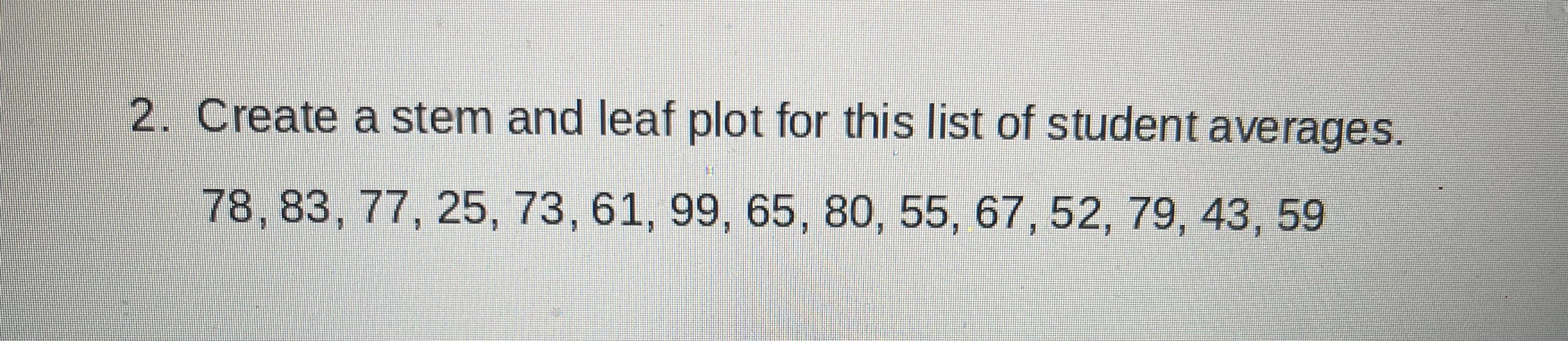 Solved 2. Create a stem and leaf plot for this list of | Chegg.com
