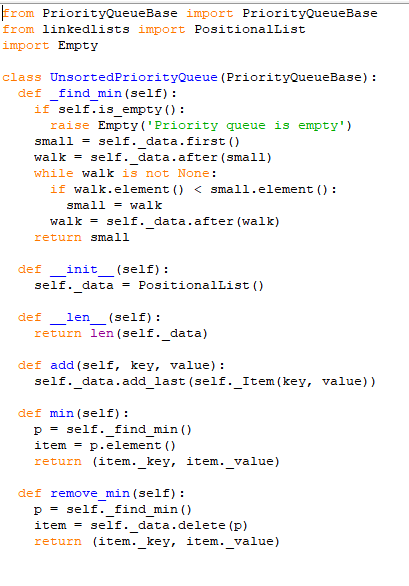 Solved #2: The min method for the UnsortedPriorityQueue | Chegg.com