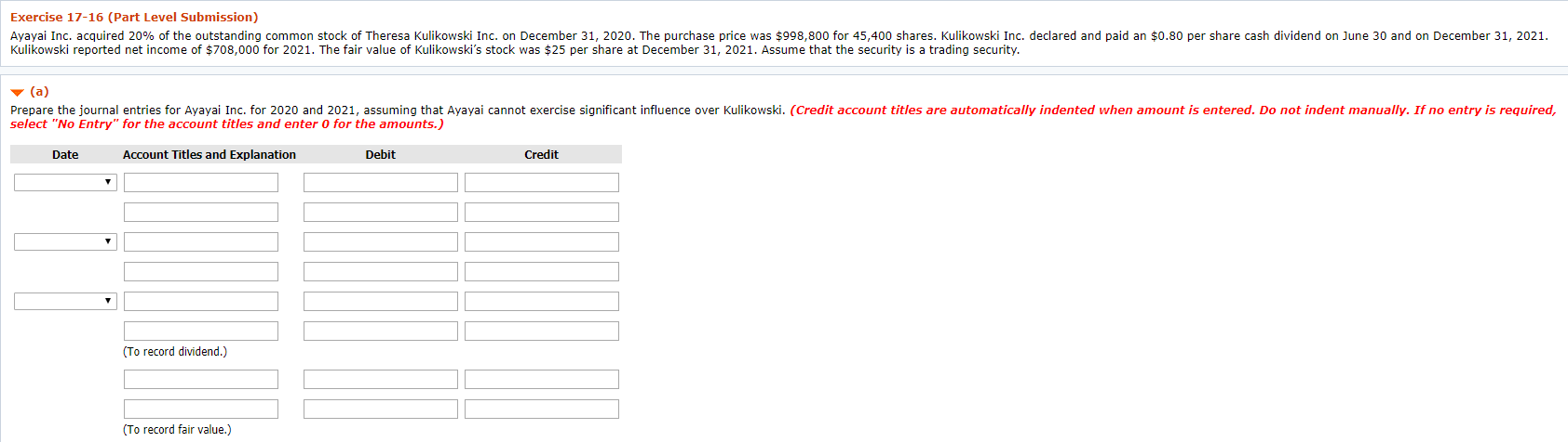 Solved Exercise 17-16 (Part Level Submission) Ayayai Inc. | Chegg.com