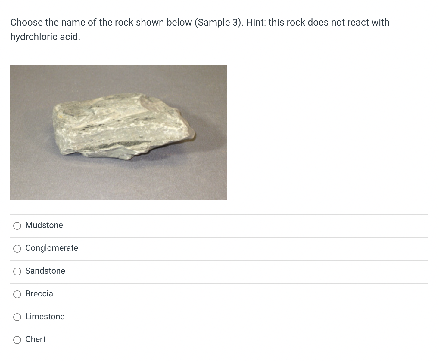 Solved Choose the name of the rock shown below (Sample 3). | Chegg.com