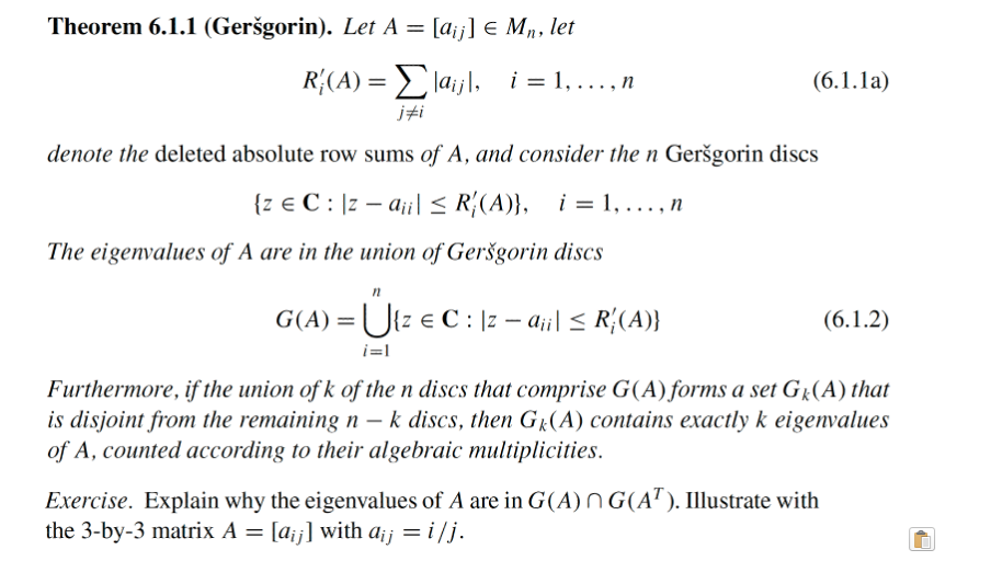 Theorem 6.1.1 (Geršgorin). Let A=[aij]∈Mn, let | Chegg.com