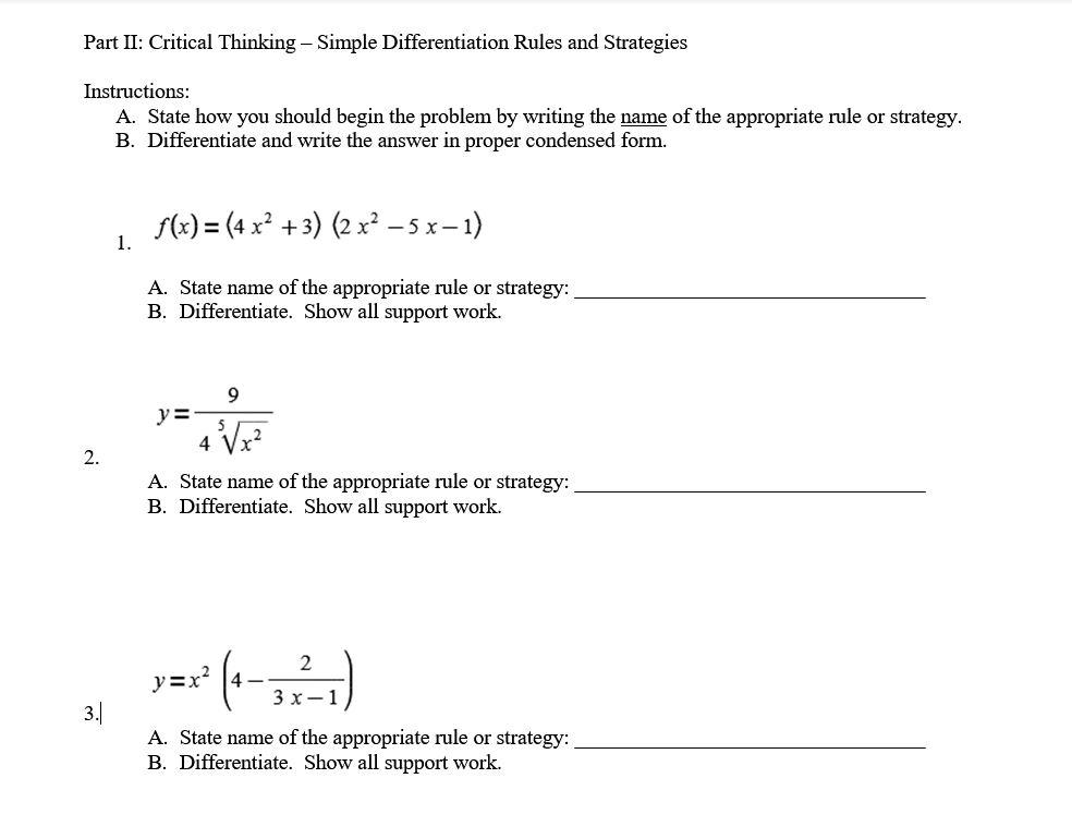 Solved Part II: Critical Thinking - Simple Differentiation | Chegg.com