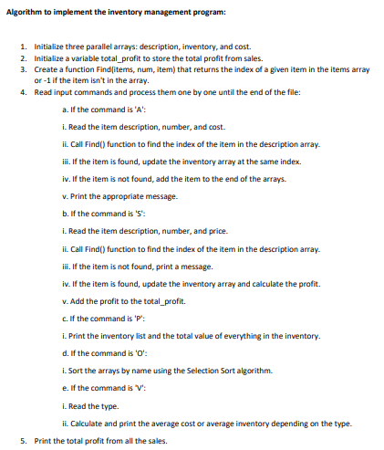 Solved gorithm to implement the inventory management | Chegg.com