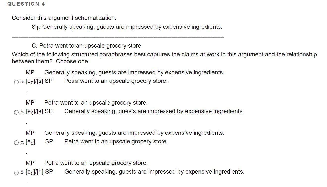 Solved QUESTION 4 Consider this argument schematization: S1: | Chegg.com