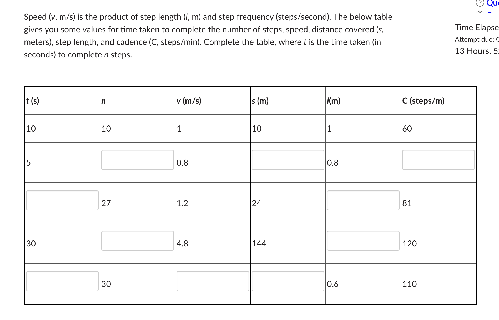 Solved Speed (v, m/s) is the product of step length (I, m) | Chegg.com