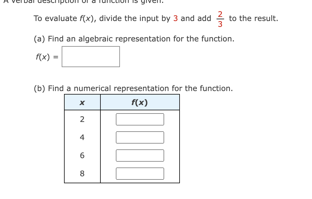 Solved To evaluate f(x), divide the input by 3 and add 를 to | Chegg.com