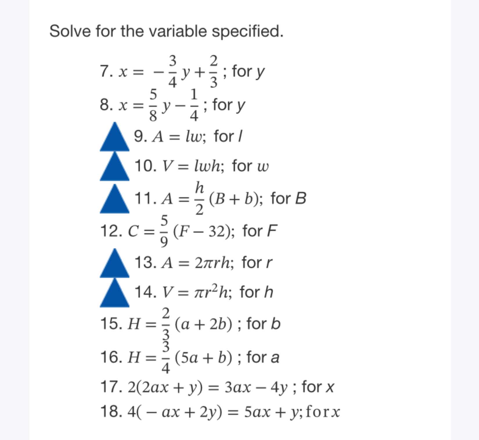 Solved Solve for the variable specified.x=-34y+23; for | Chegg.com