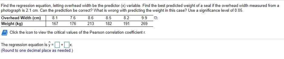 Solved Find the regression equation, letting overhead width | Chegg.com