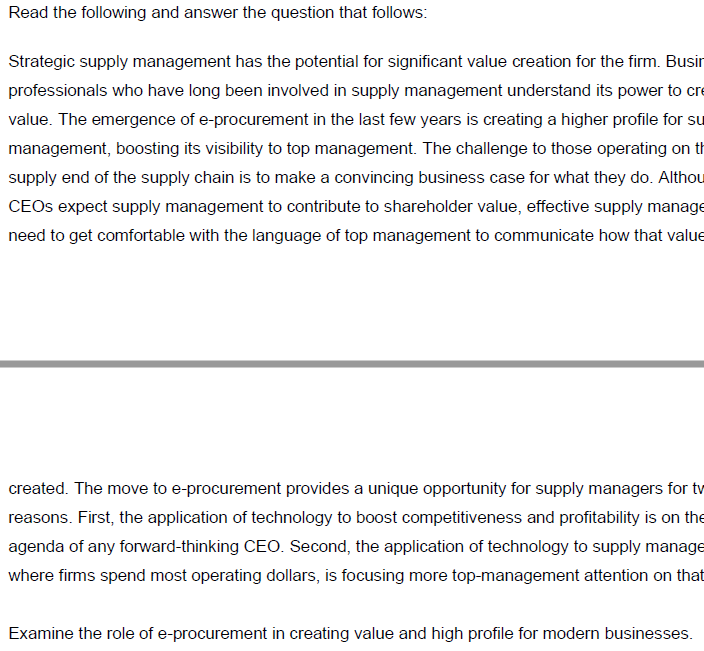 Solved Examine the role of e-procurement in creating value | Chegg.com