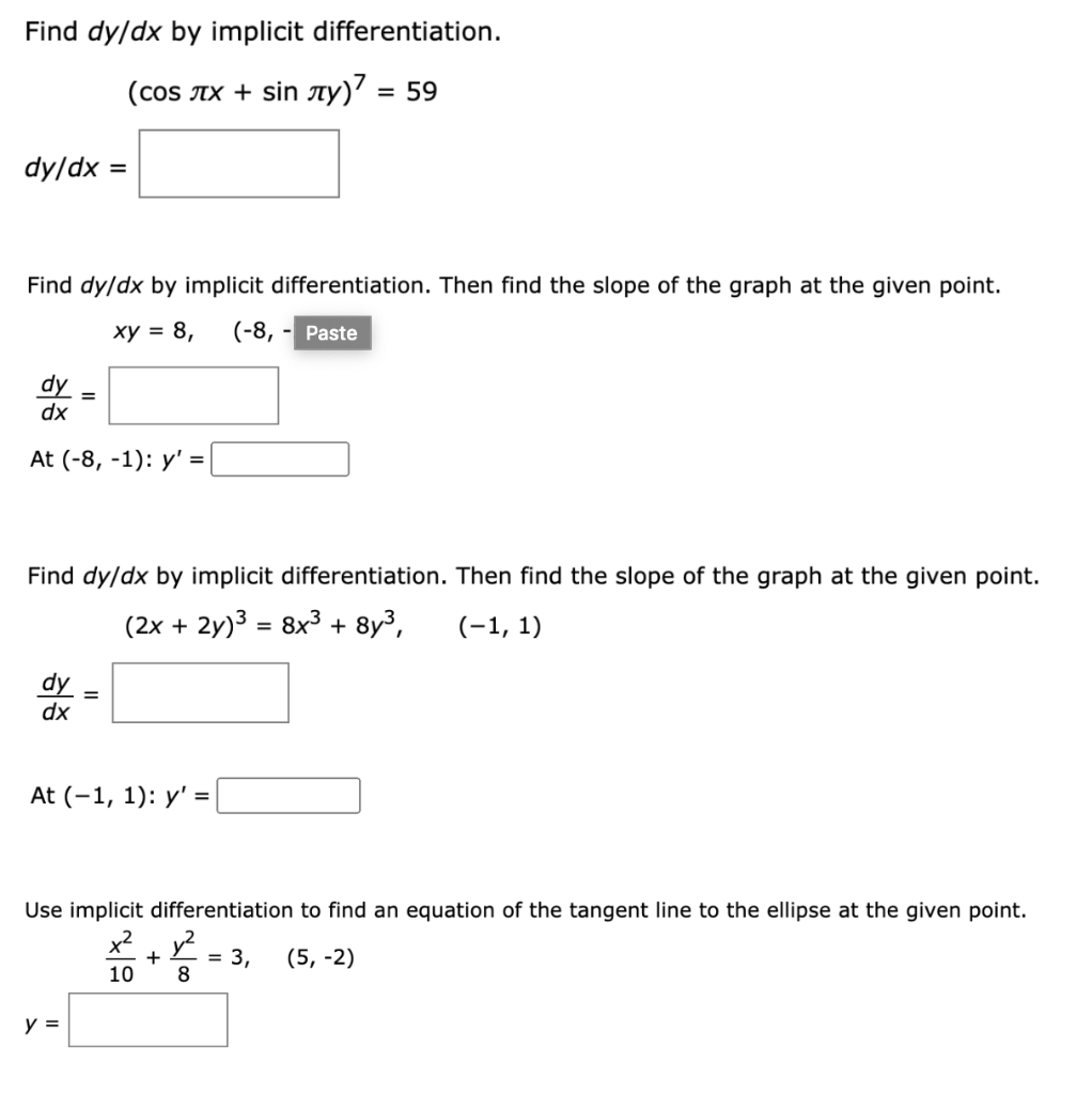 Solved Find dy/dx by implicit differentiation. (cos ax + sin | Chegg.com