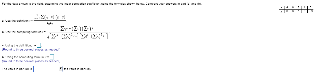 Solved For the data shown to the right, determine the linear | Chegg.com