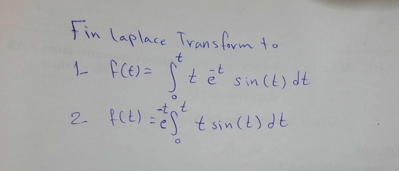 Solved Fin laplace Transform to 1. f(t)=∫0tte−tsin(t)dt 2. | Chegg.com