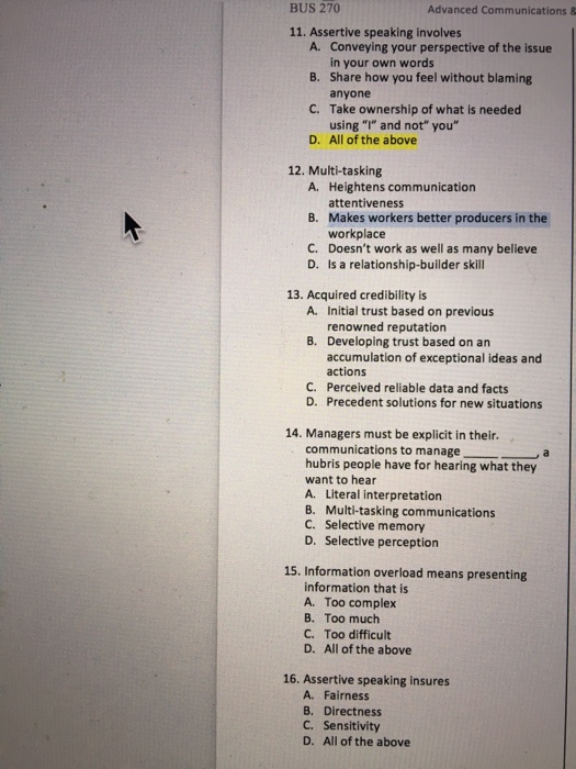 Solved Assertive speaking involves. A. Conveying your | Chegg.com