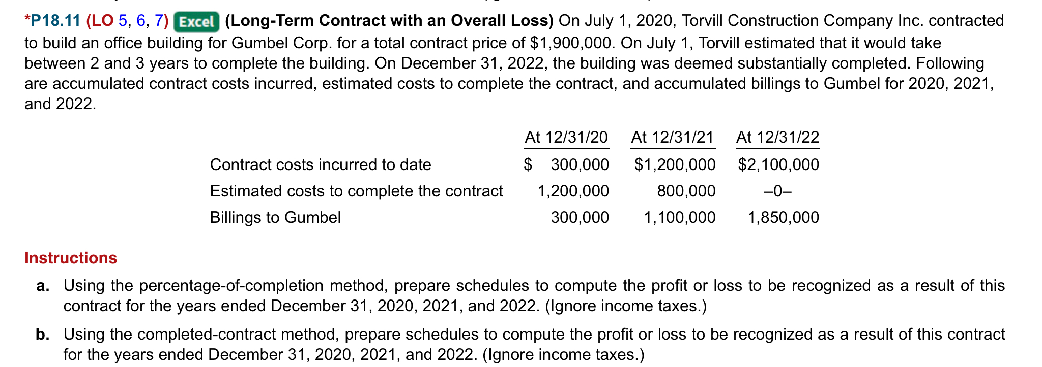 Solved *P18.11 (LO 5, 6, 7) Excel (Long-Term Contract with | Chegg.com