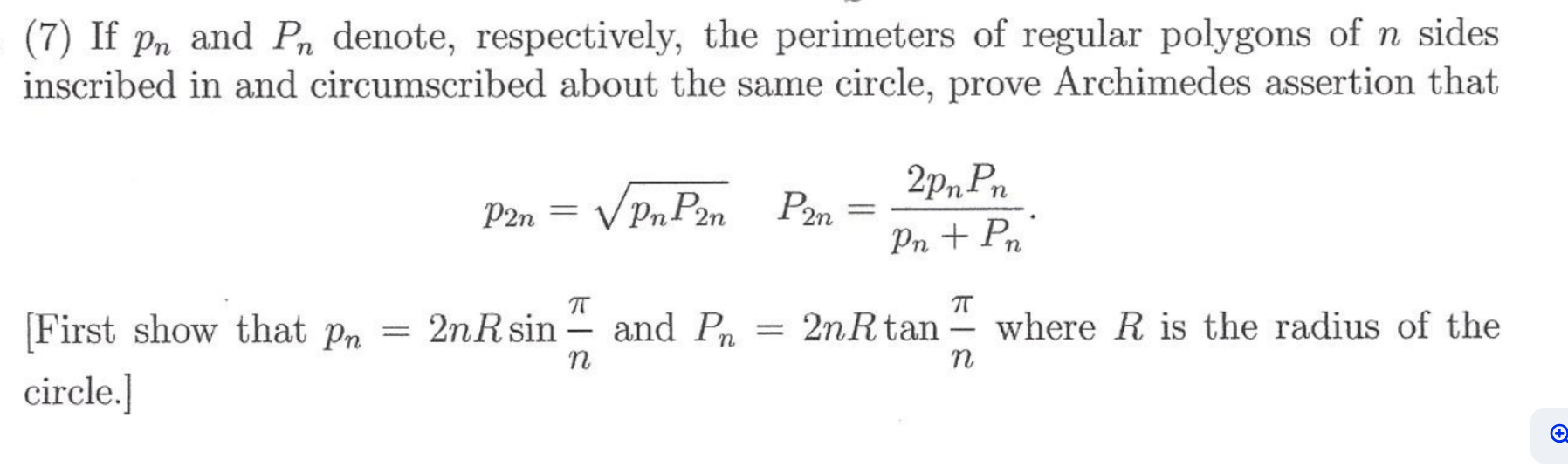 Solved (7) If pn and Pn denote, respectively, the perimeters | Chegg.com